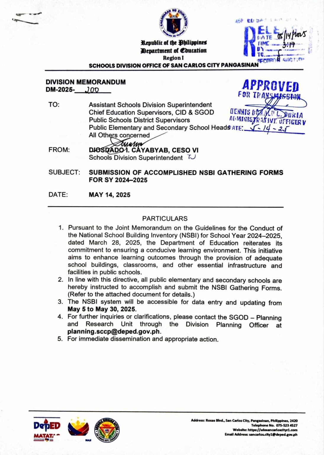 Division Memorandum No. 200 s, 2025 – Submission of Accomplished NSBI ...