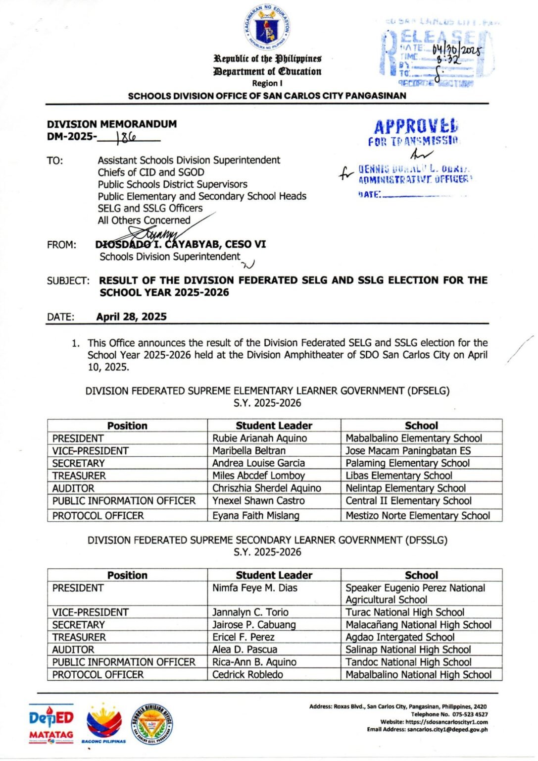 Division Memorandum No. 186 s, 2025 – RESULT OF THE DIVISION FEDERATED ...