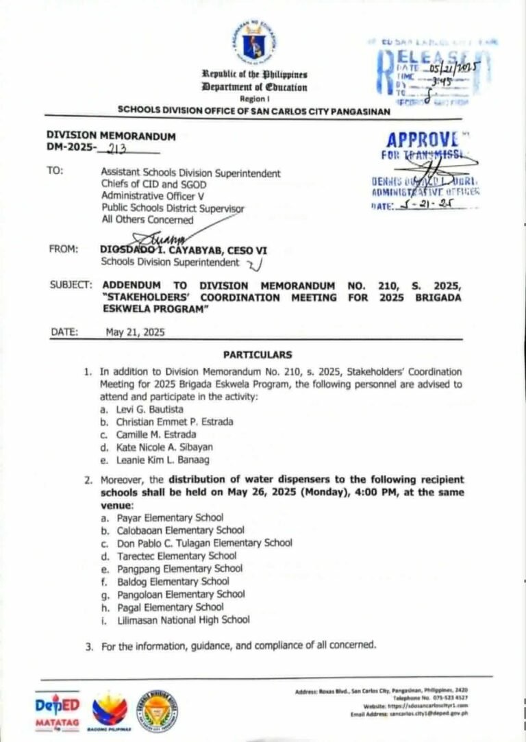 Division Memorandum No. 213 s, 2025 – Addendum to Division Memorandum ...