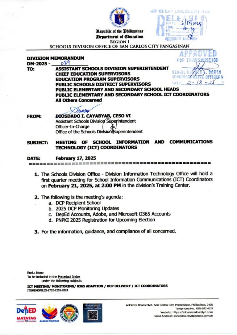 Division Memorandum No. 089 s, 2025 – MEETING OF SCHOOL INFORMATION AND ...