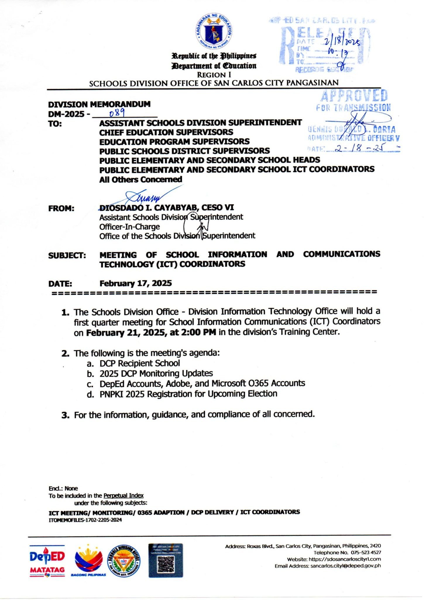 Division Memorandum No. 089 s, 2025 – MEETING OF SCHOOL INFORMATION AND ...