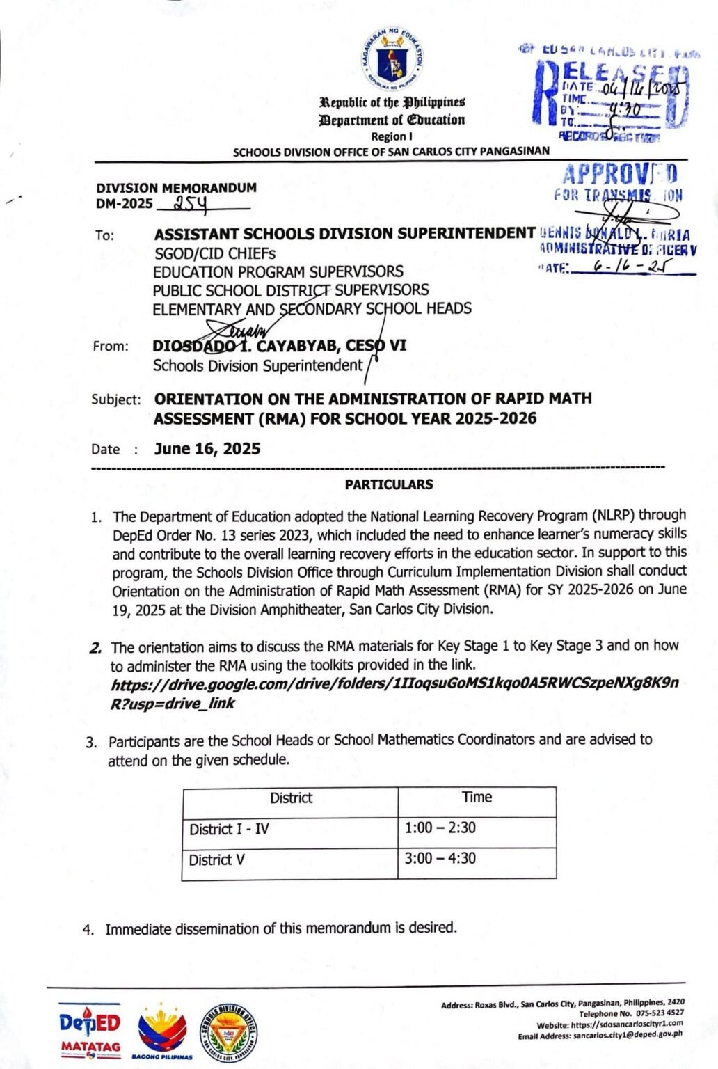Division Memorandum No. 254 s, 2025 – ORIENTATION ON THE ADMINISTRATION ...