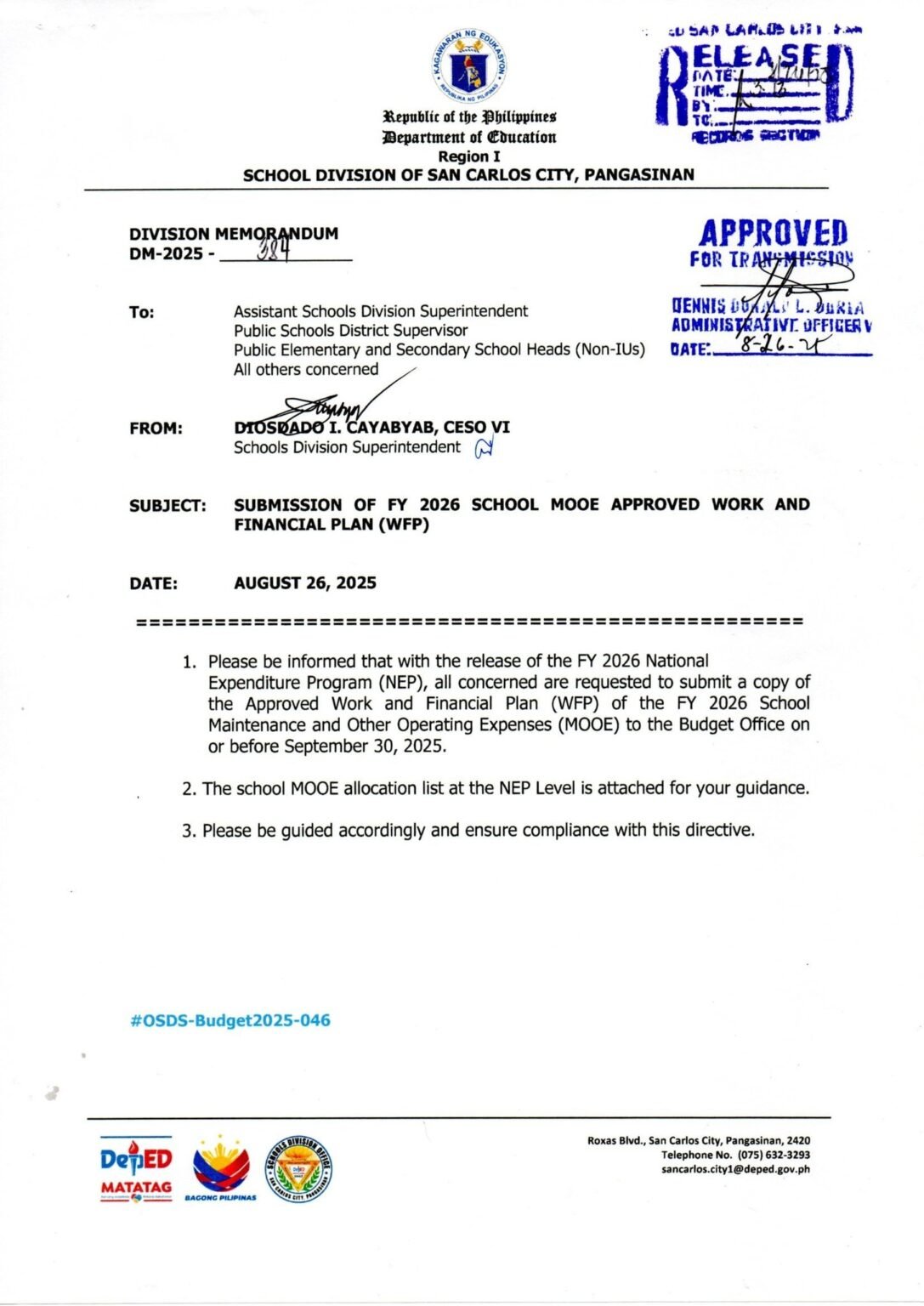 Division Memorandum No. 384 s, 2025 – SUBMISSION OF FY 2026 SCHOOL MOOE ...