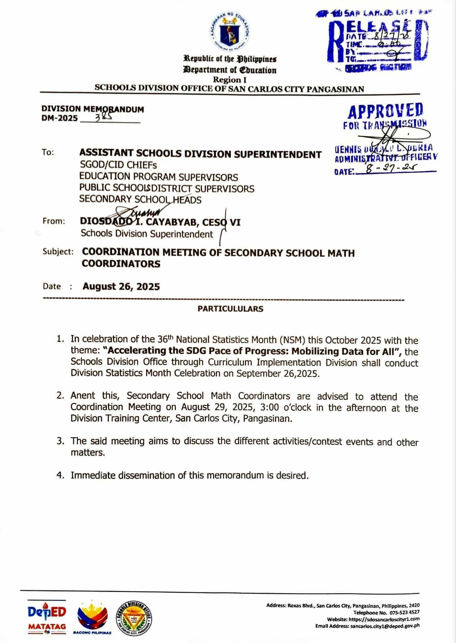 Division Memorandum No. 385 s, 2025 – Coordination Meeting of Secondary ...