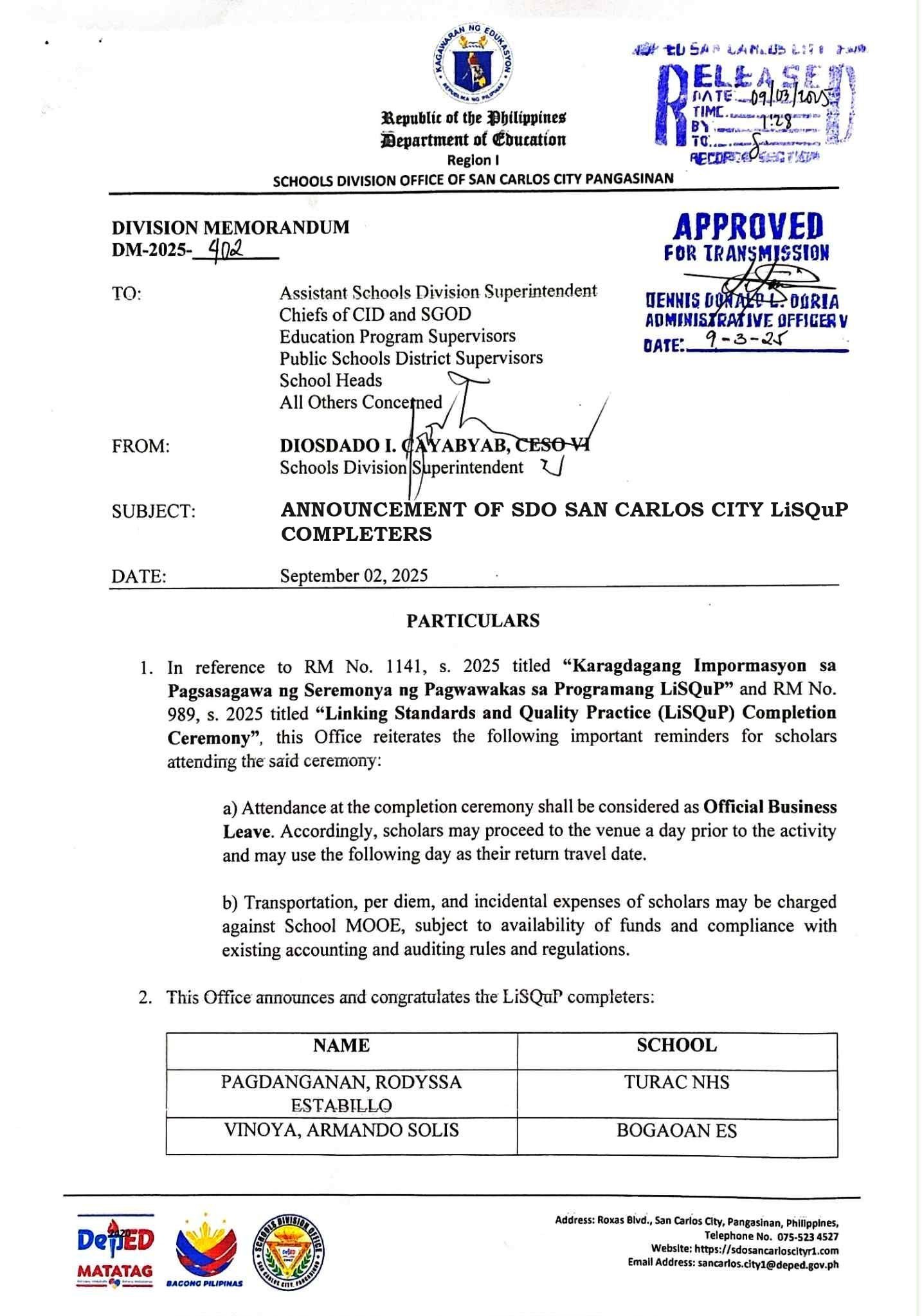 Division Memorandum No. 402 s, 2025 – ANNOUNCEMENT OF SDO SAN CARLOS ...