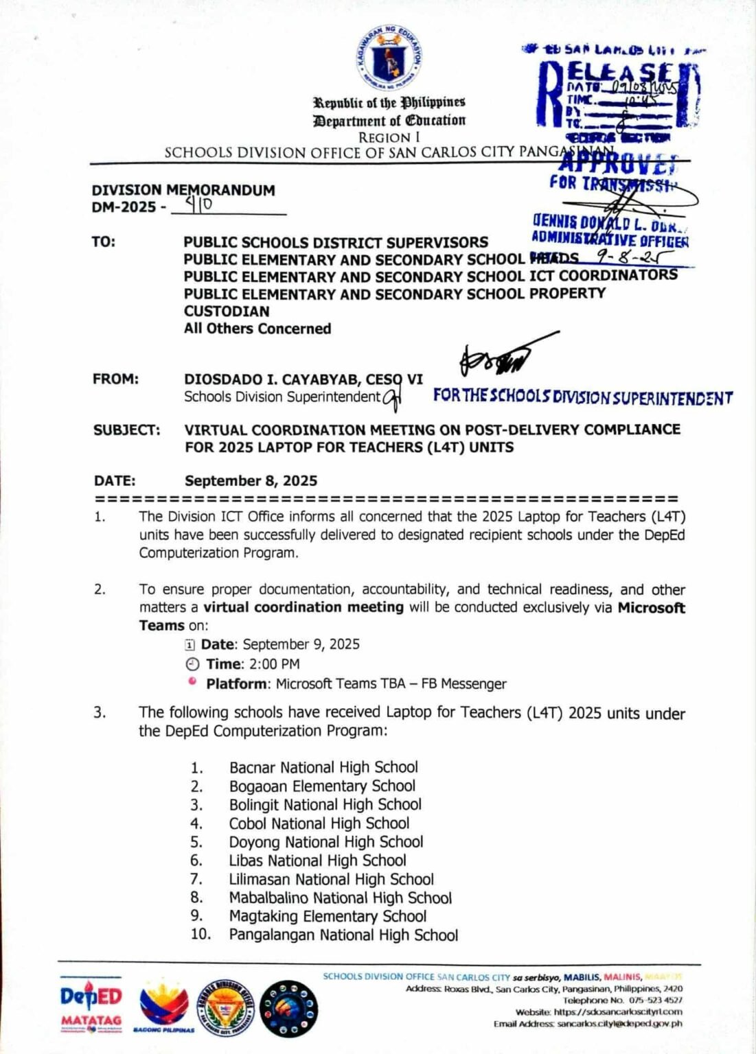 Division Memorandum No. 410 s, 2025 – Virtual Coordination Meeting on ...