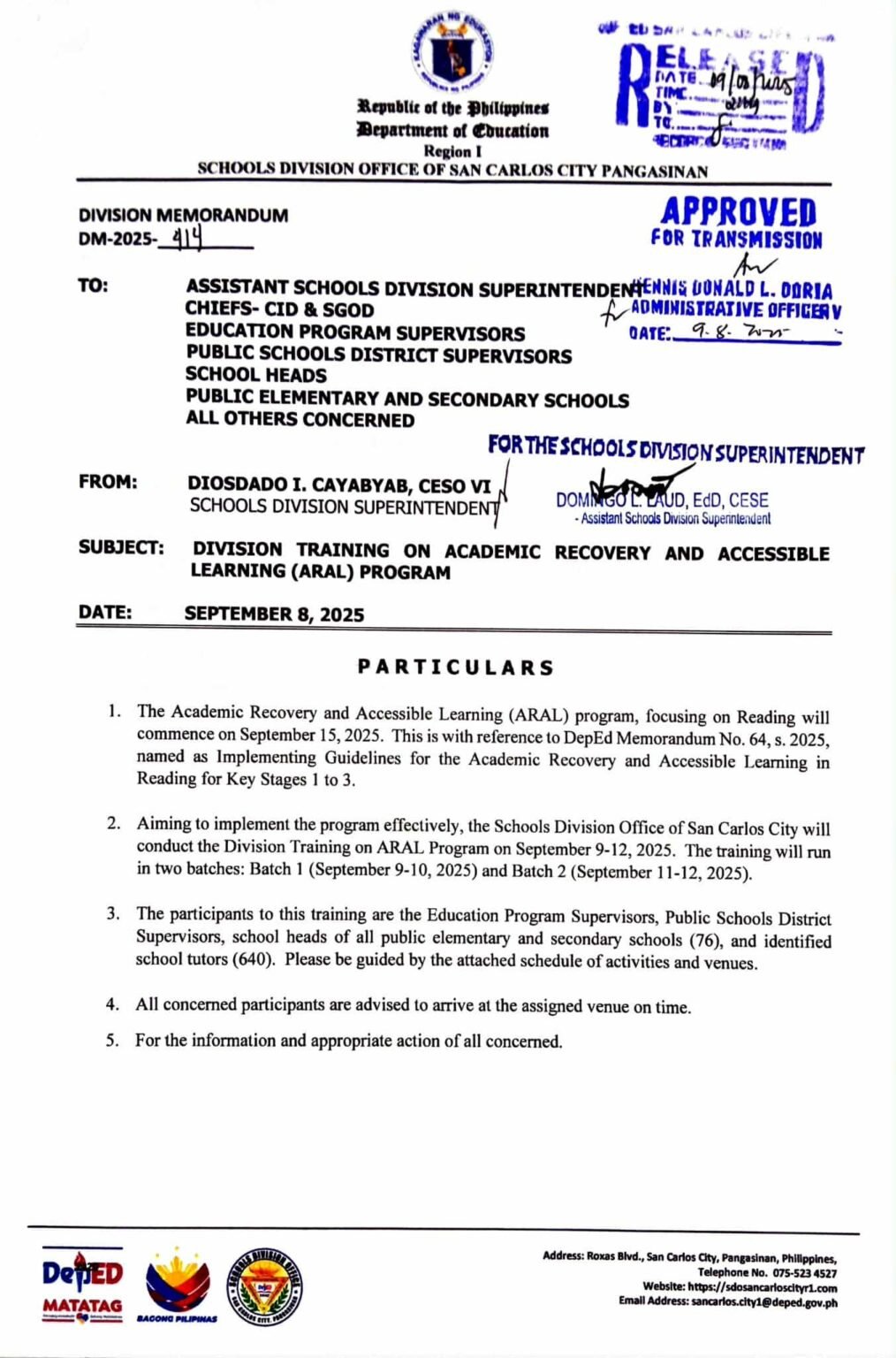 Division Memorandum No. 414 s, 2025 – Division Training on Academic ...