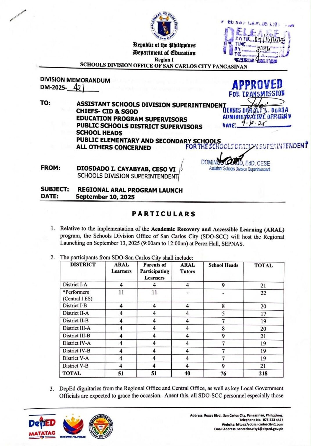 Division Memorandum No. 421 s, 2025 – REGIONAL ARAL PROGRAM LAUNCH ...