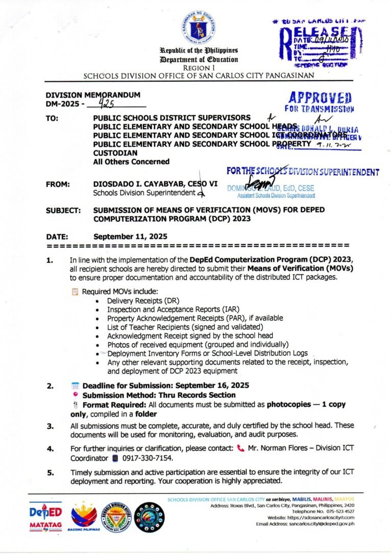 Division Memorandum No. 425 s, 2025 – SUBMISSION OF MEANS OF ...