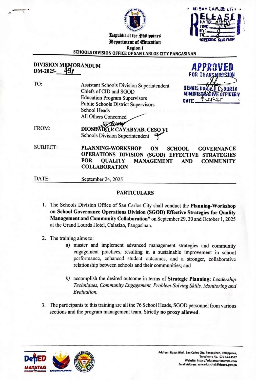Division Memorandum No. 456 s, 2025 – PLANNING-WORKSHOP ON SCHOOL ...