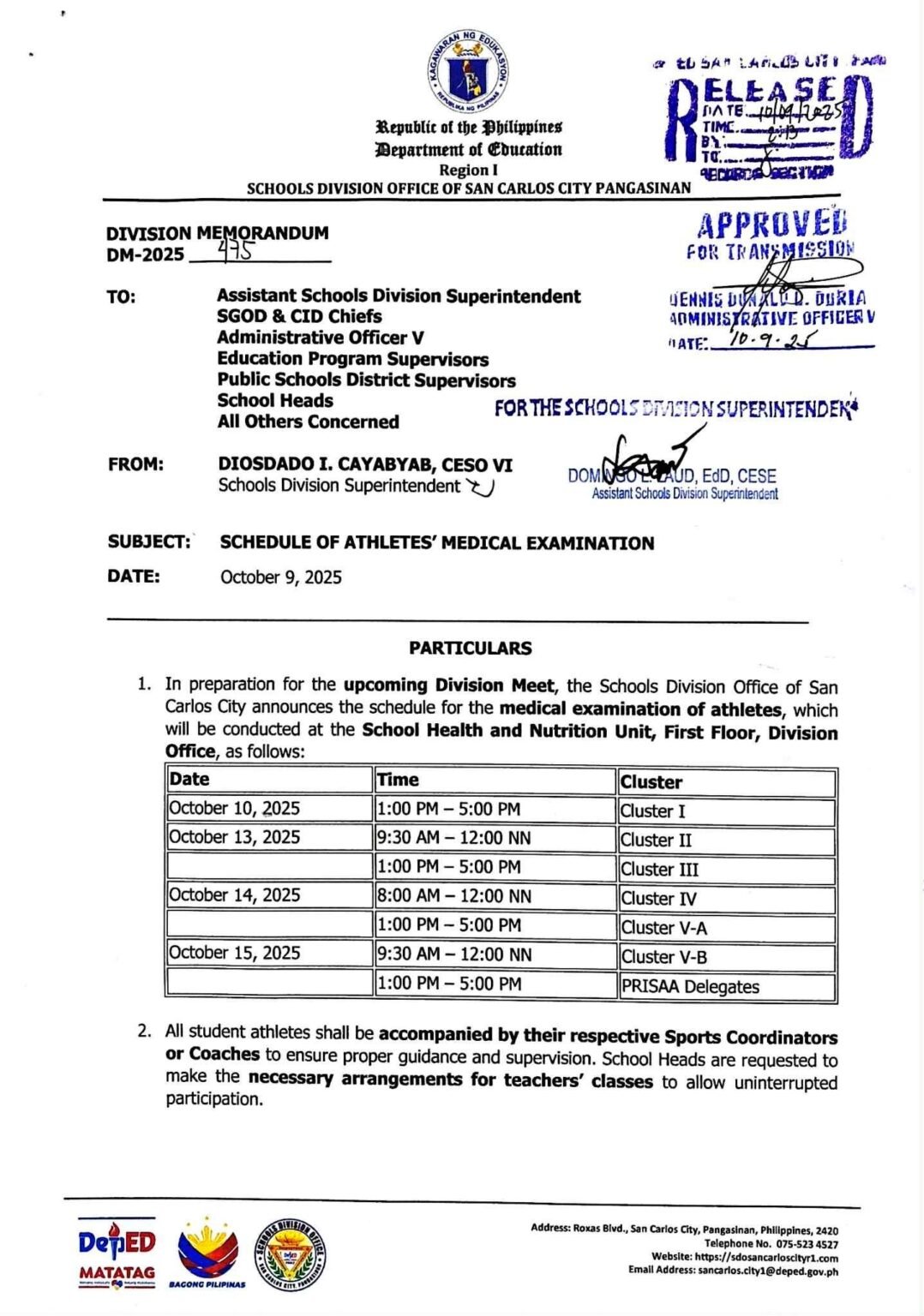 Division Memorandum No. 475 s, 2025 – SCHEDULE OF ATHLETES’ MEDICAL ...