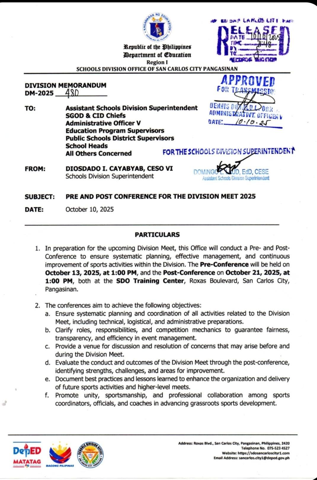 Division Memorandum No. 480 s, 2025 – PRE AND POST CONFERENCE FOR THE ...