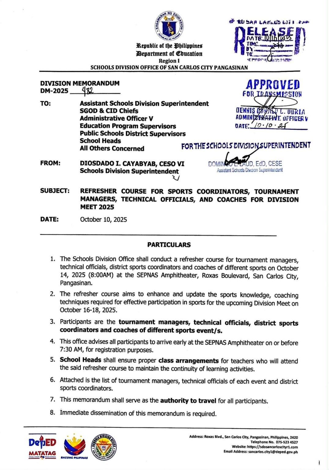 Division Memorandum No. 482 s, 2025 – REFRESHER COURSE FOR SPORTS ...