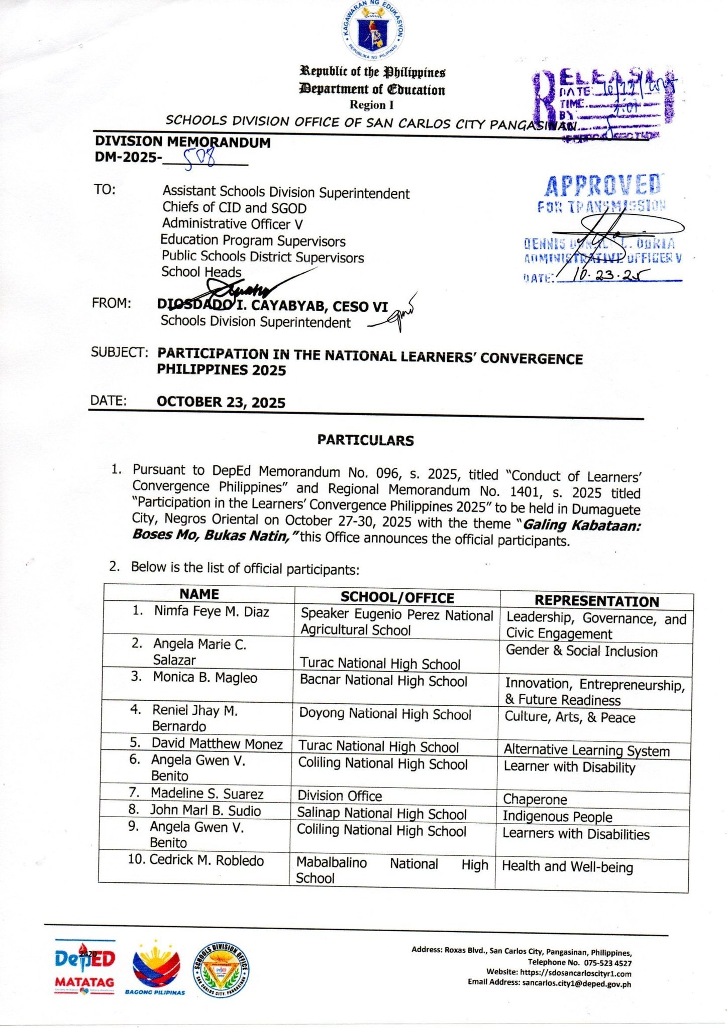 Division Memorandum No. 508 s, 2025 – PARTICIPATION IN THE NATIONAL ...