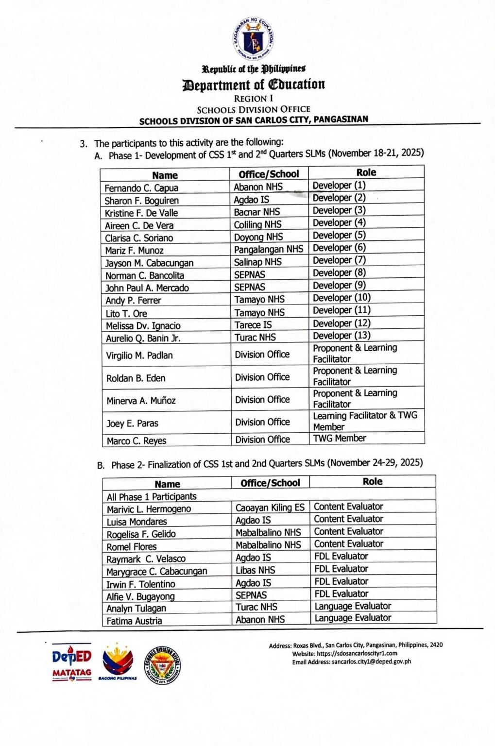 Division Memorandum No. 521s, 2025 – DEVELOPMENT AND FINALIZATION OF ...
