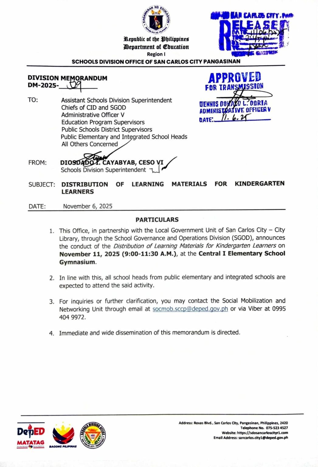 Division Memorandum No. 529 s, 2025 – Distribution of Learning ...