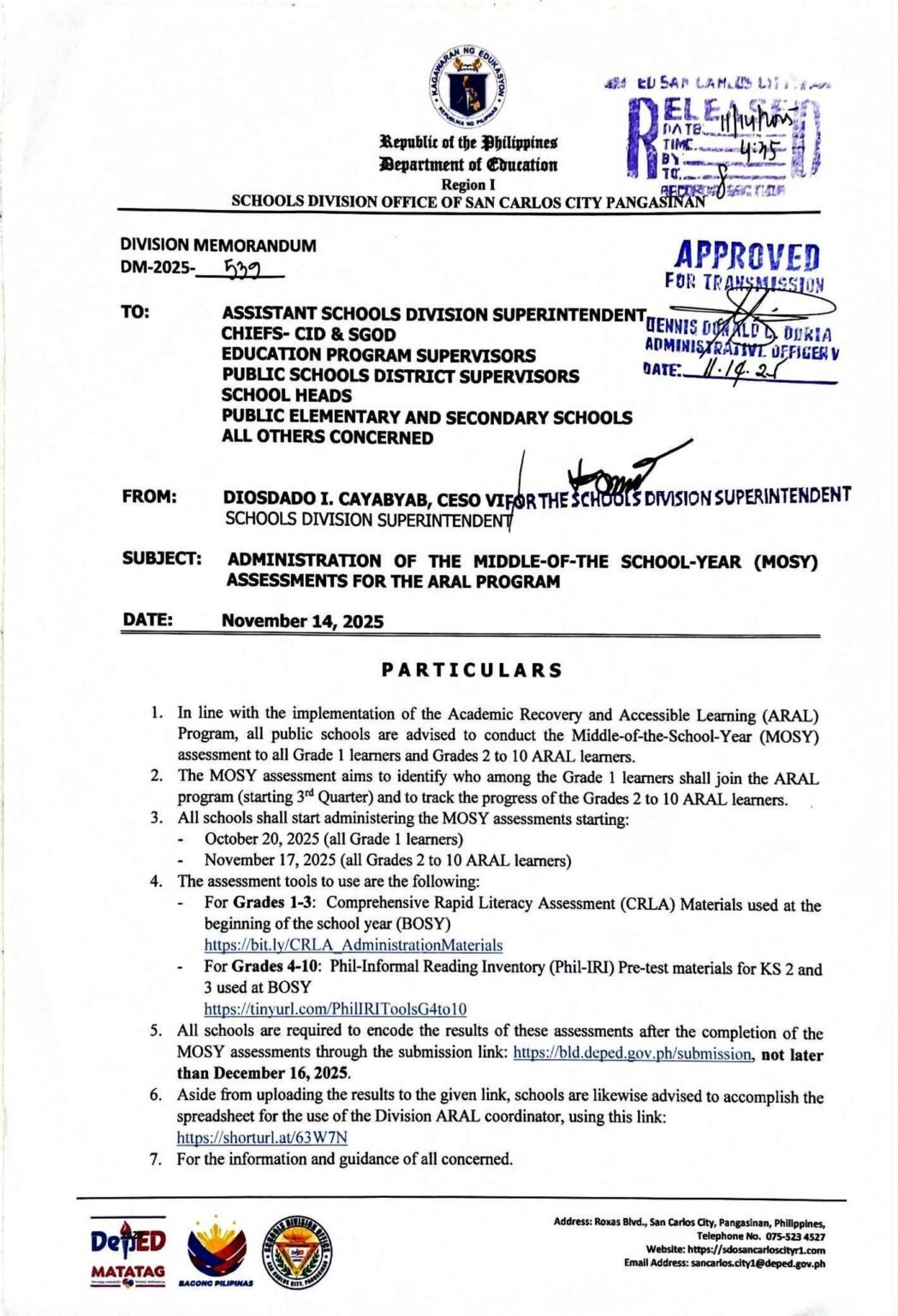 Division Memorandum No. 539 s, 2025 – ADMINISTRATION OF THE MIDDLE-OF ...