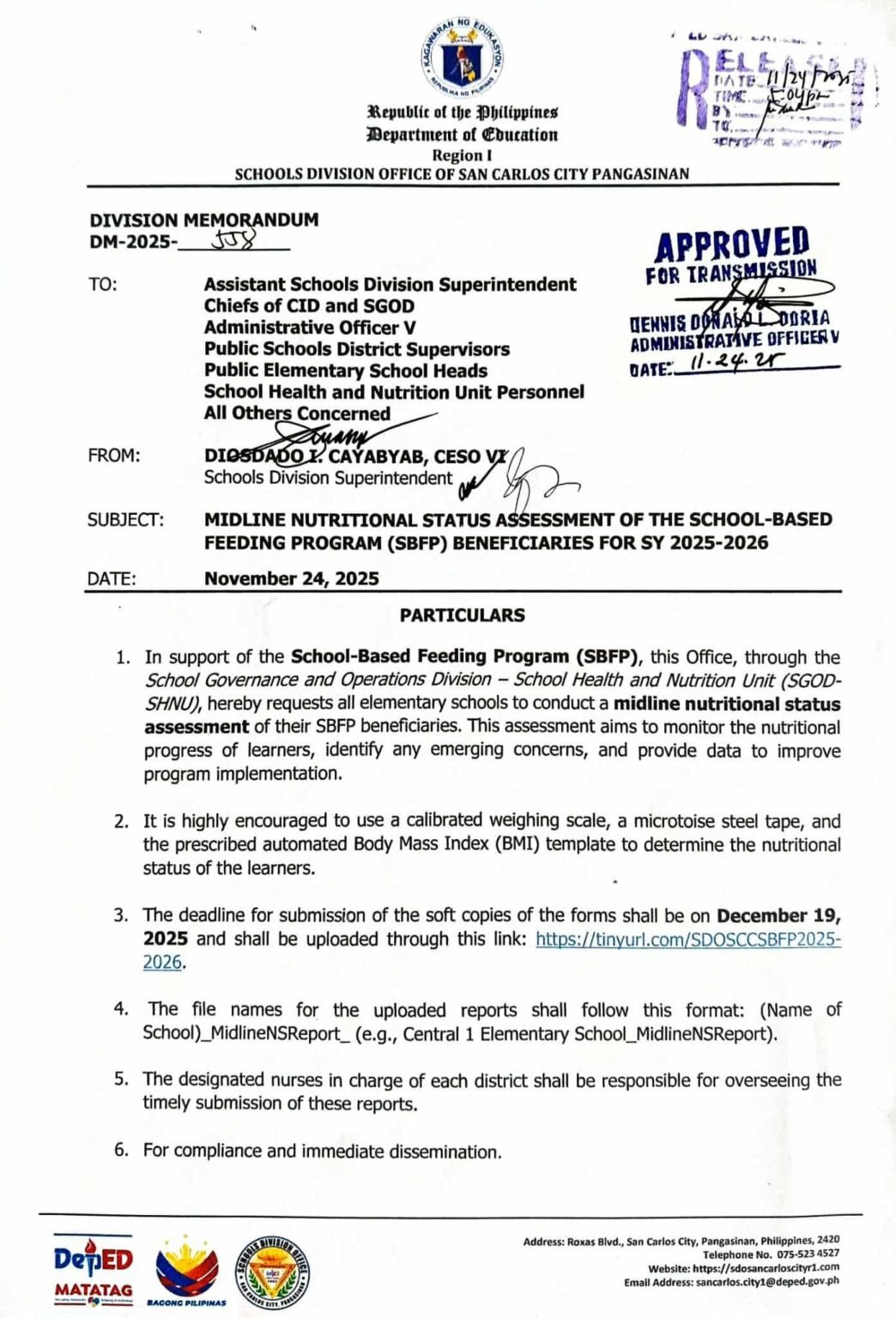 Division Memorandum No. 558 s, 2025 – Midline Nutritional Status ...