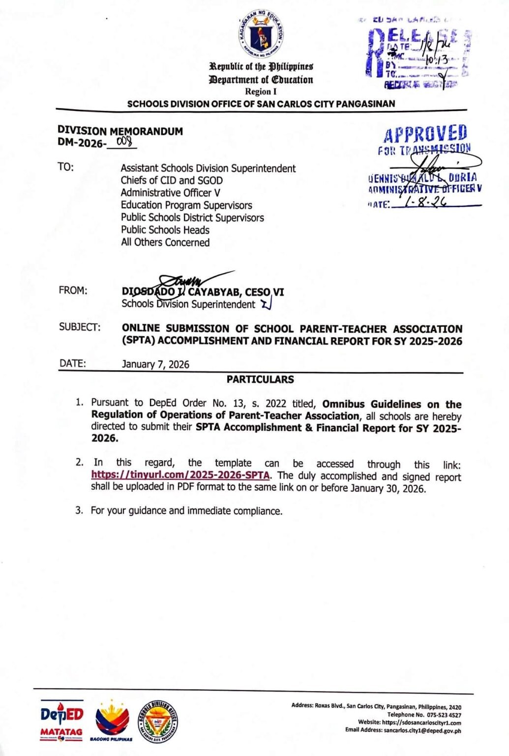 Division Memorandum No. 008 s, 2026 – ONLINE SUBMISSION OF SCHOOL ...