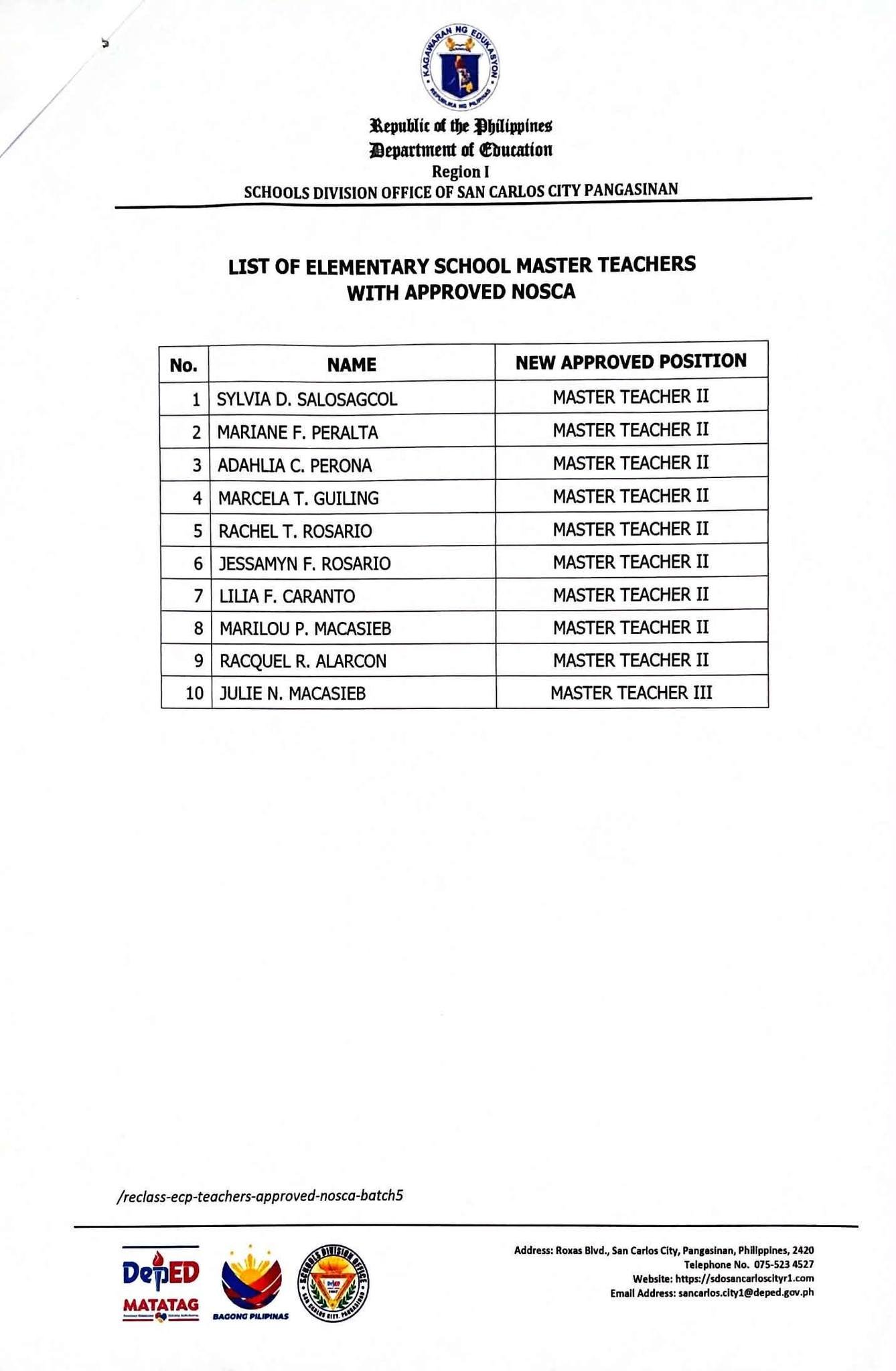 Division Memorandum No. 034 s, 2026 – LIST OF ELEMENTARY SCHOOL MASTER ...