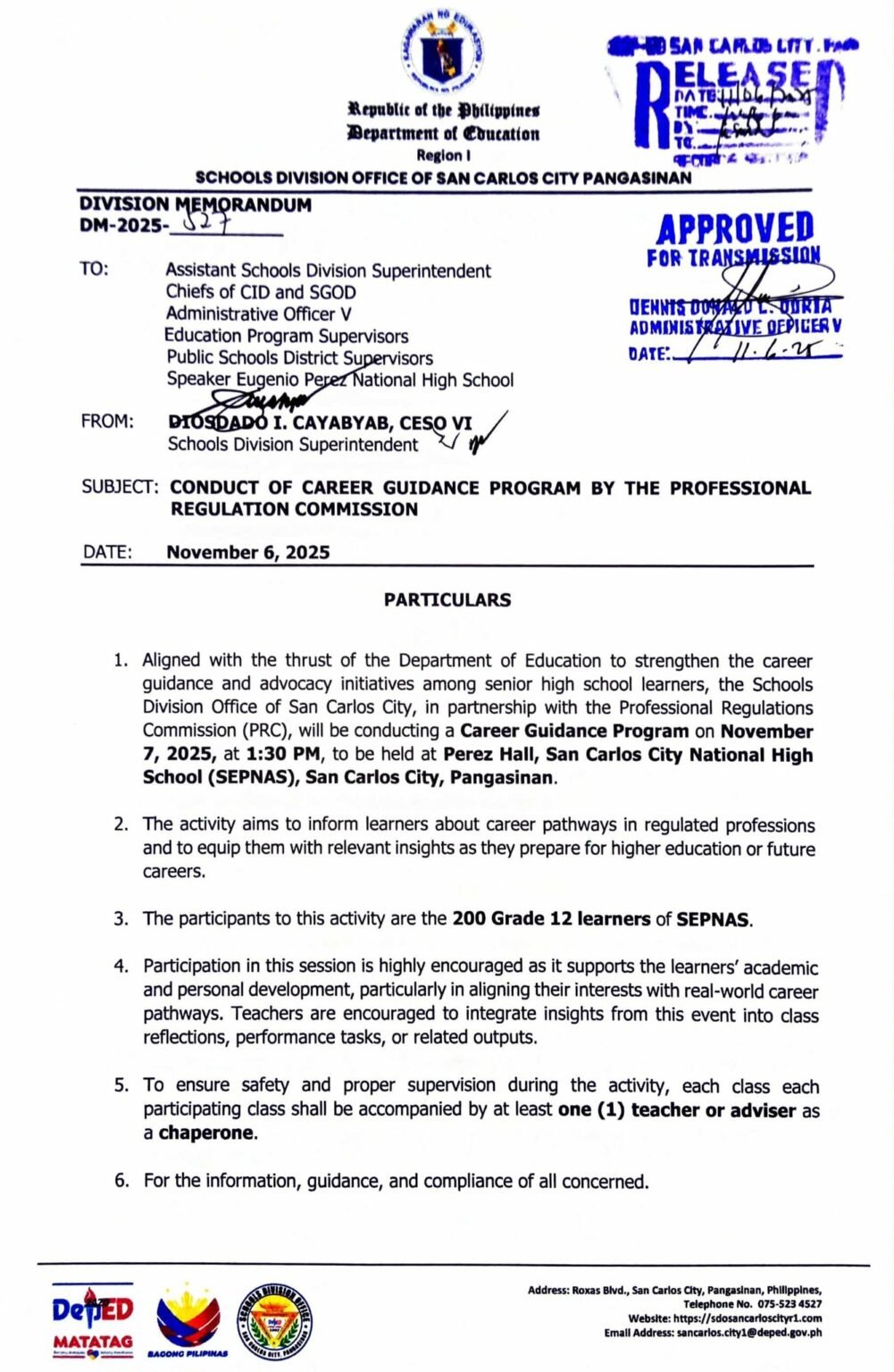 Division Memorandum No. 527 s, 2025 – Conduct of Career Guidance ...