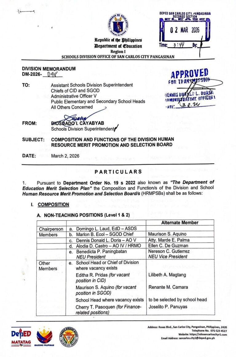 Division Memorandum No. 098 s, 2026 – COMPOSITION AND FUNCTIONS OF THE ...