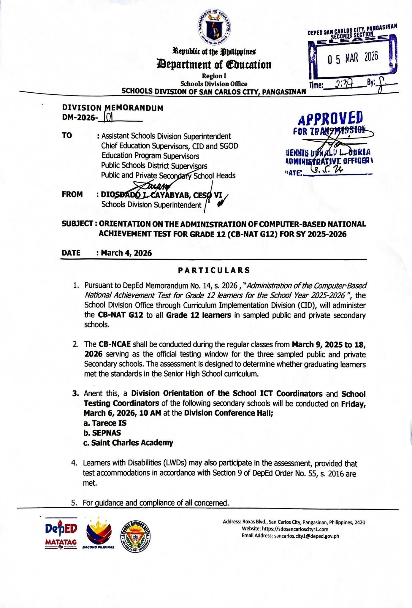 Division Memorandum No. 101 s, 2026 – ORIENTATION ON THE ADMINISTRATION ...