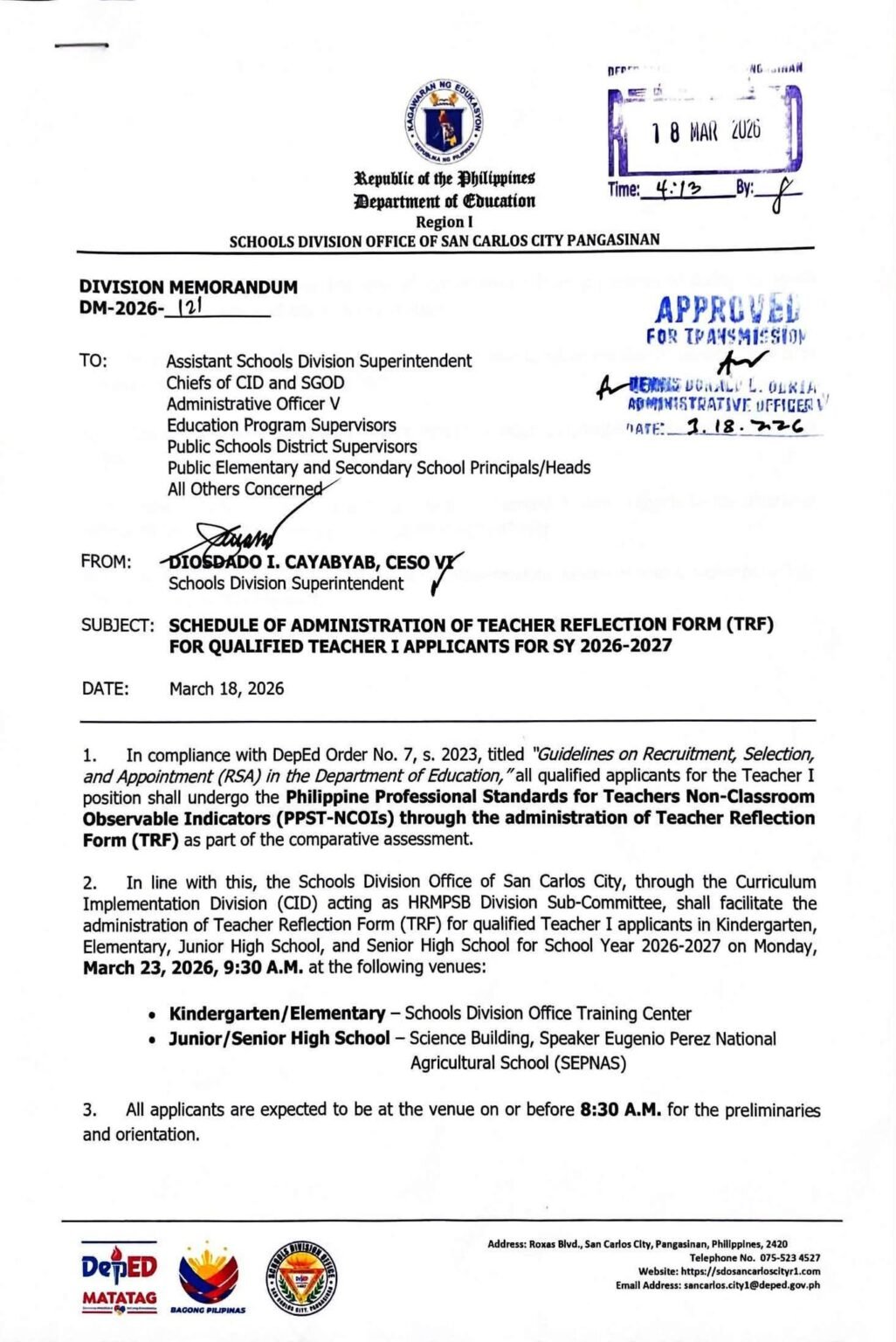 Division Memorandum No. 121 s, 2026 – SCHEDULE OF ADMINISTRATION OF ...