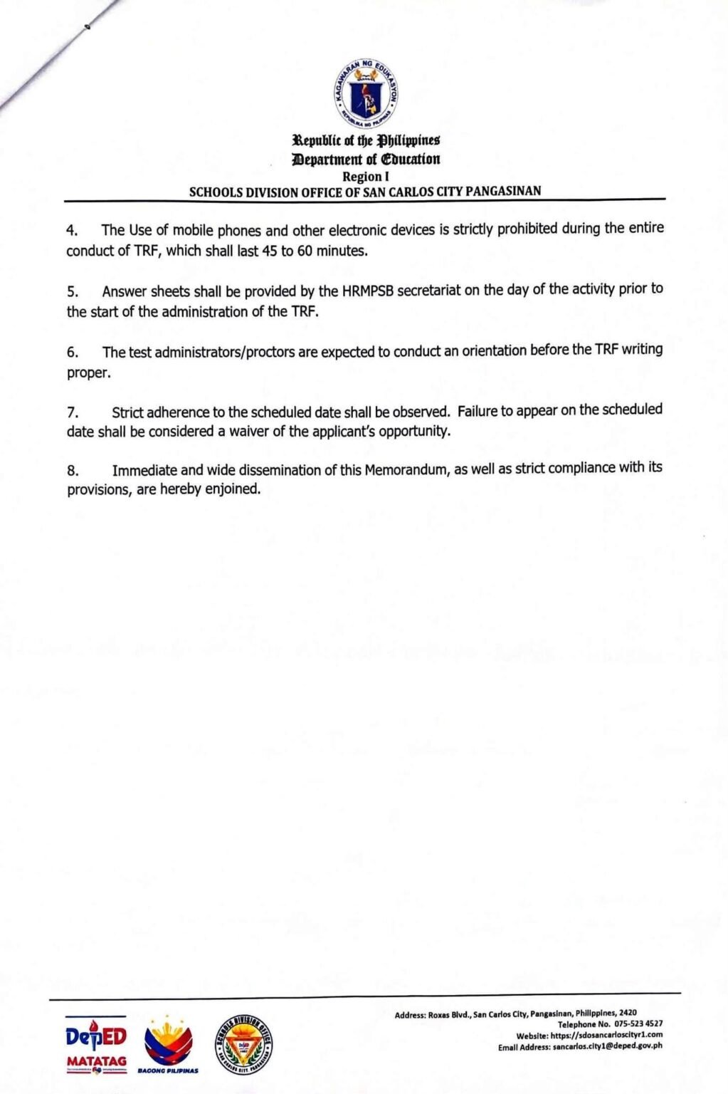 Division Memorandum No. 121 s, 2026 – SCHEDULE OF ADMINISTRATION OF ...