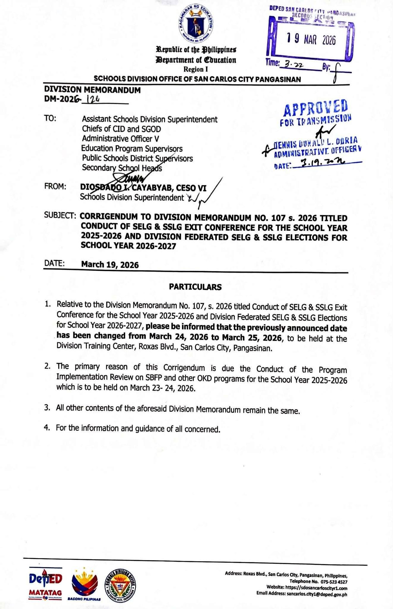 Division Memorandum No. 126 s, 2026 – CORRIGENDUM TO DIVISION ...