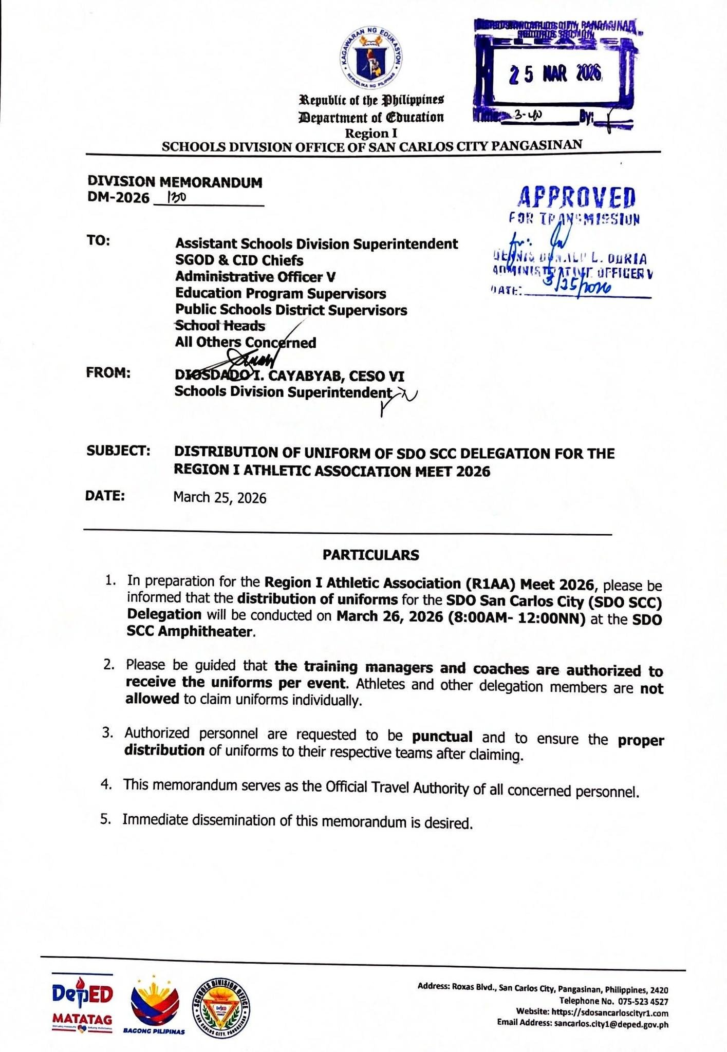 Division Memorandum No. 130 s, 2026 – DISTRIBUTION OF UNIFORM OF SDO ...
