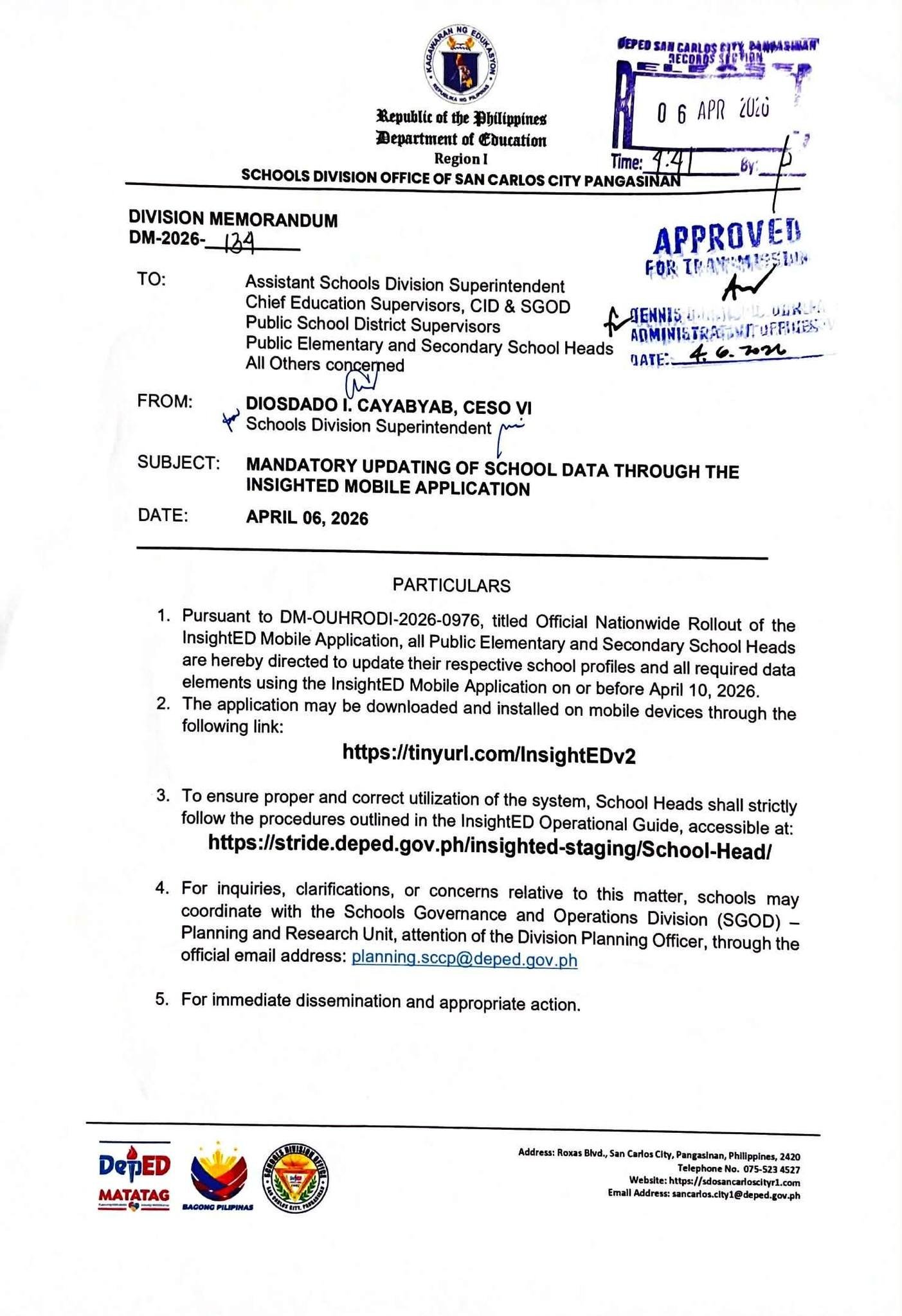 Division Memorandum No. 134 s, 2026 – MANDATORY UPDATING OF SCHOOL DATA ...