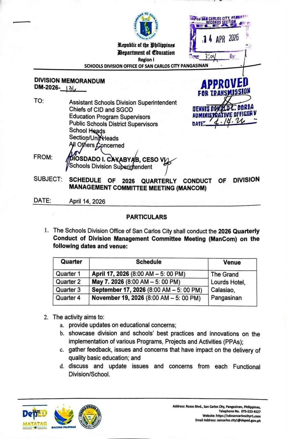 Division Memorandum No. 136 s, 2026 – SCHEDULE OF 2026 QUARTERLY ...