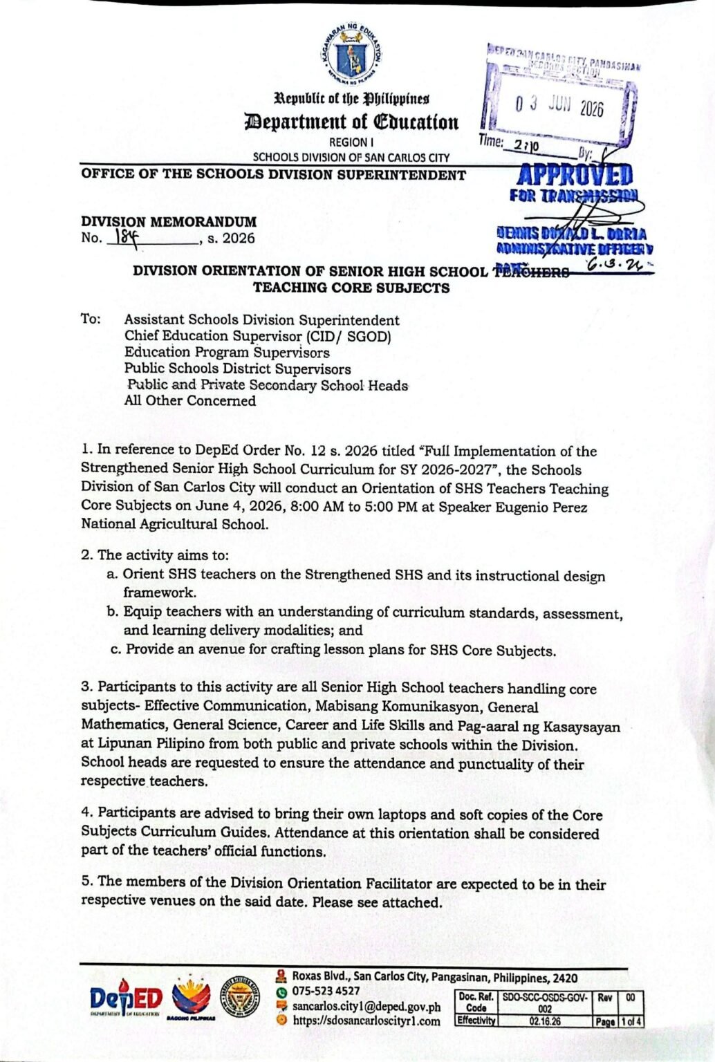 DIVISION MEMORANDUM NO. 184 S, 2026 – DIVISION ORIENTATION OF SENIOR ...