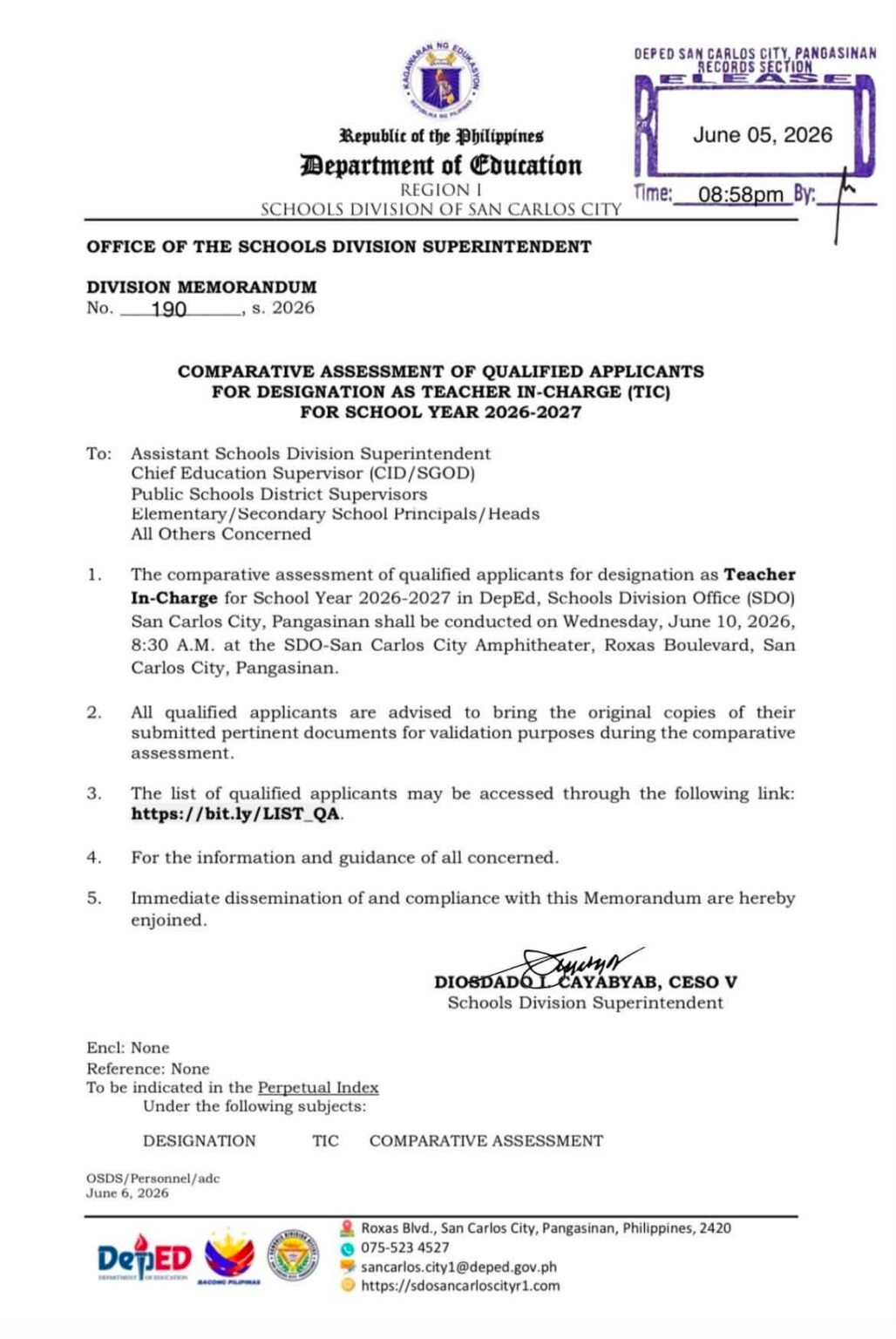 DIVISION MEMORANDUM NO. 190 S, 2026 – COMPARATIVE ASSESSMENT OF ...
